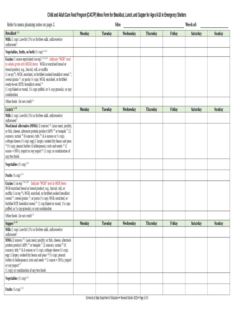 CACFP Menu for AM, PM, and Evening Snack for ... Doc Template | pdfFiller