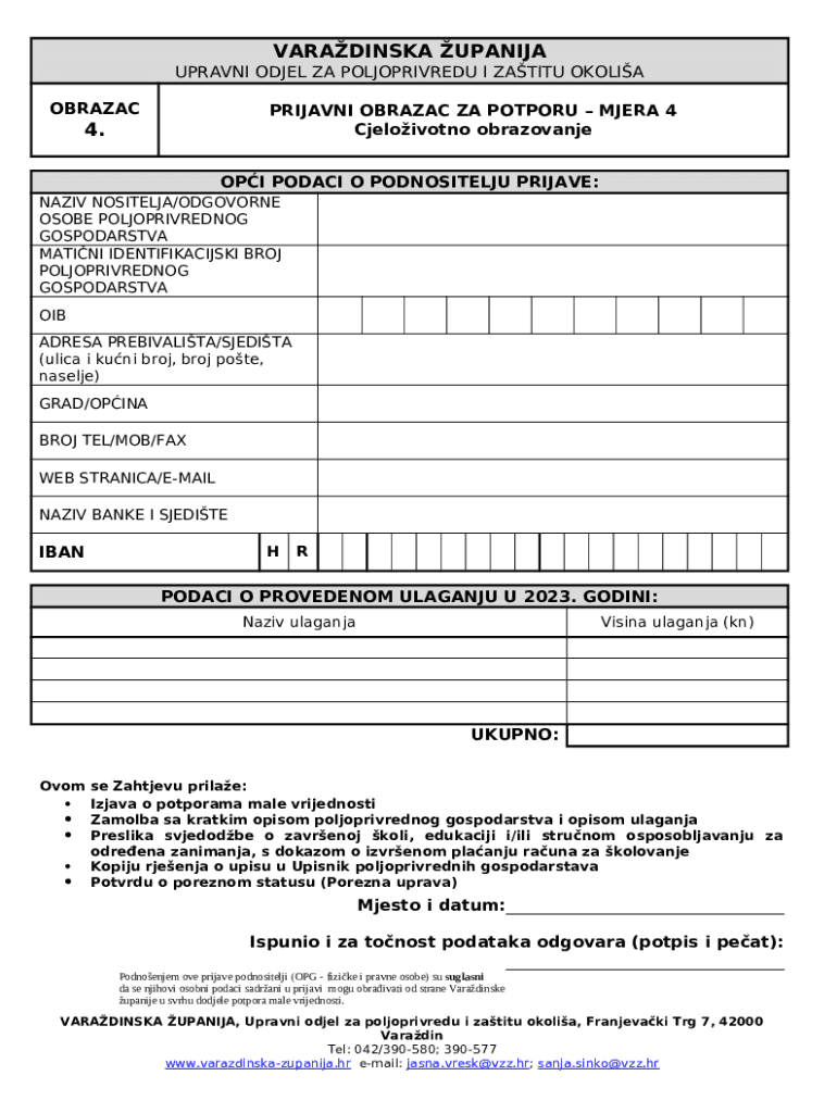 PRIJAVNI OBRAZAC ZA POTPORU - MJERA 4 Doc Template | pdfFiller