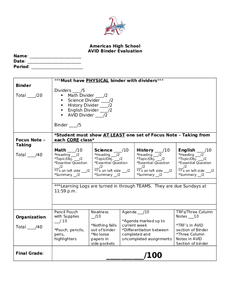 AVID Binder Evaluation Doc Template | pdfFiller