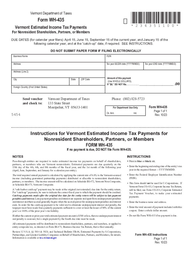 Fillable Online tax vermont Vermont Form WH-435 (Estimated Income Tax ...