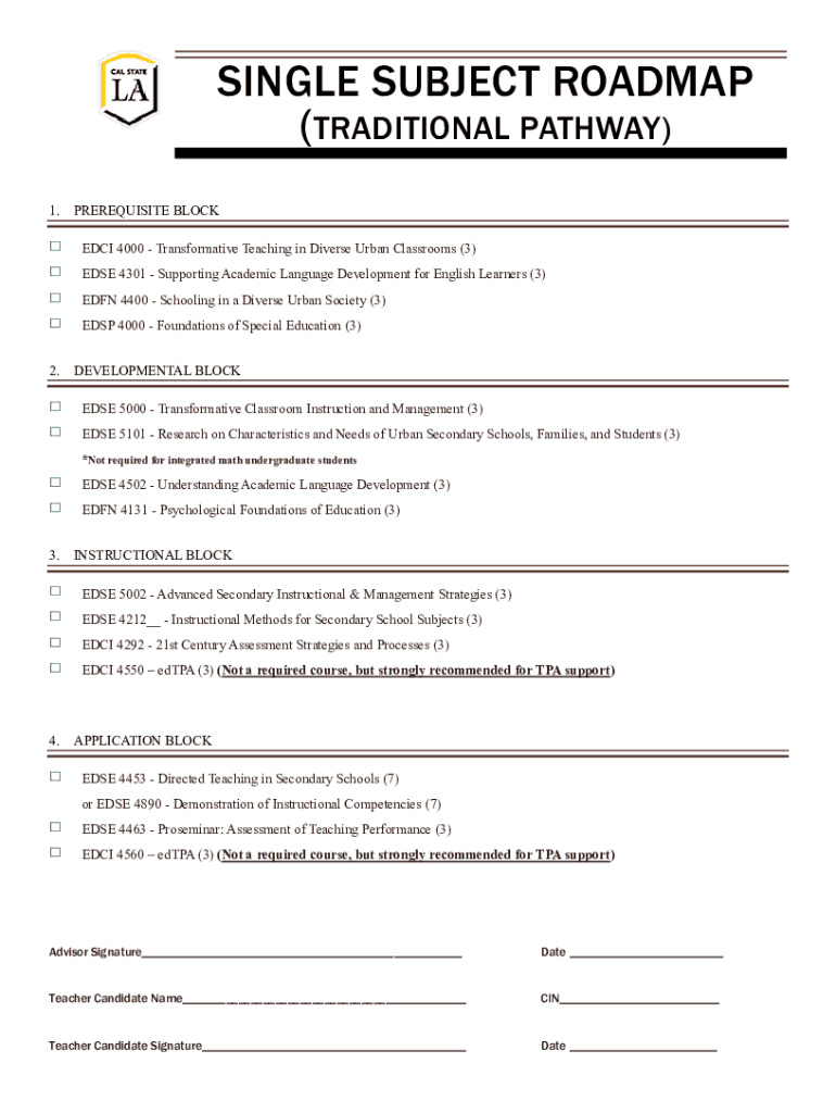 Fillable Online SINGLE SUBJECT ROADMAP (TRADITIONAL PATHWAY) Fax Email ...