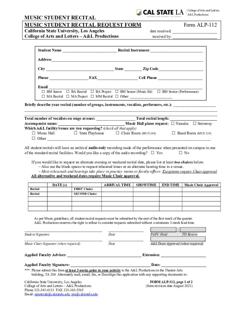 Fillable Online ALP 112 Recital Request Form Fax Email Print - pdfFiller