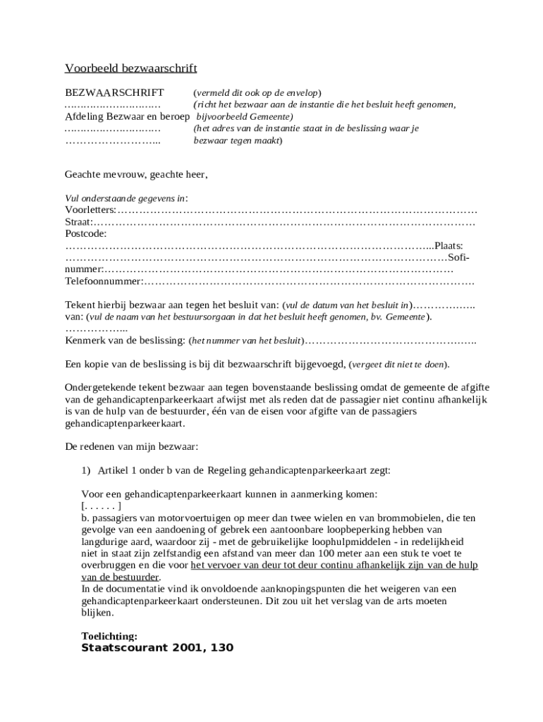 BEZWAARSCHRIFT(vermeld dit ook op de envelop) Doc Template | pdfFiller