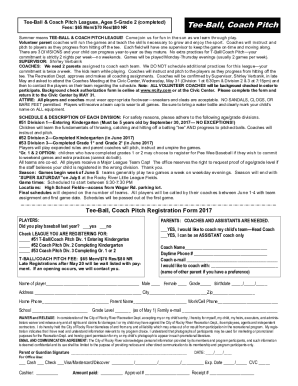 Fillable Online 2017 TBall, Coach Pitch Registration Form.pub Fax Email ...