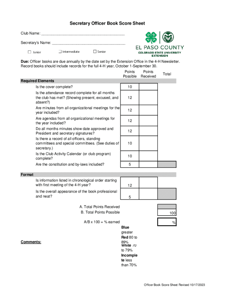 Fillable Online 4-H Club Secretary's Record Book - Brown County Fax ...