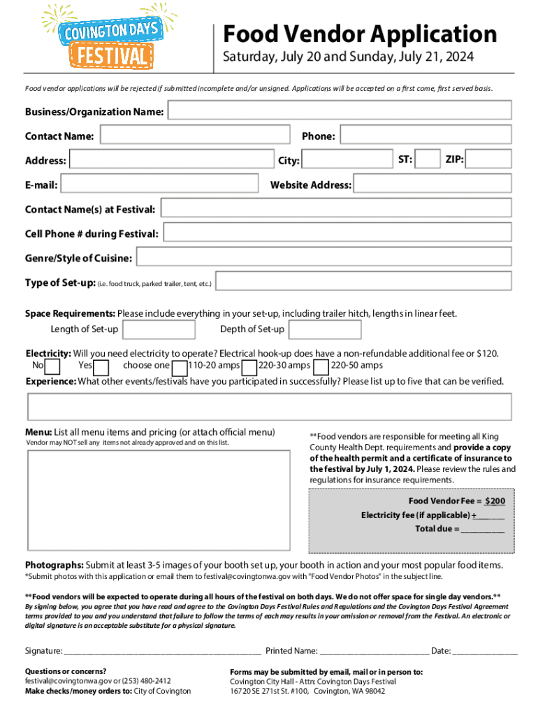 Fillable Online 2024 Food Vendor Application Fax Email Print - pdfFiller