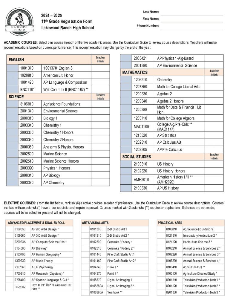 Fillable Online 2025 11th Grade Registration Form Lakewood Ranch High ... Fax Email Print ...