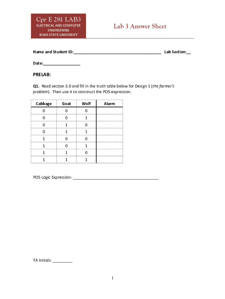 Fillable Online home engineering iastate Cpr E 281 LAB3 Lab 3 Answer ...