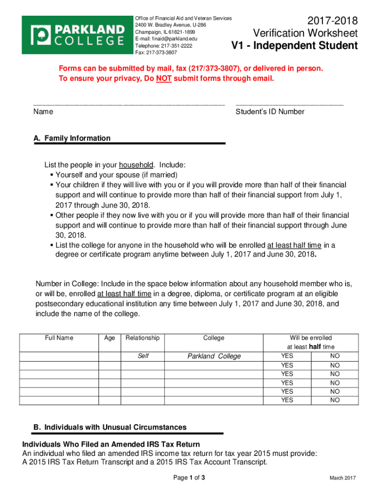 Fillable Online 2017-2018 Verification Worksheet V1 - Independent Student Fax Email Print ...