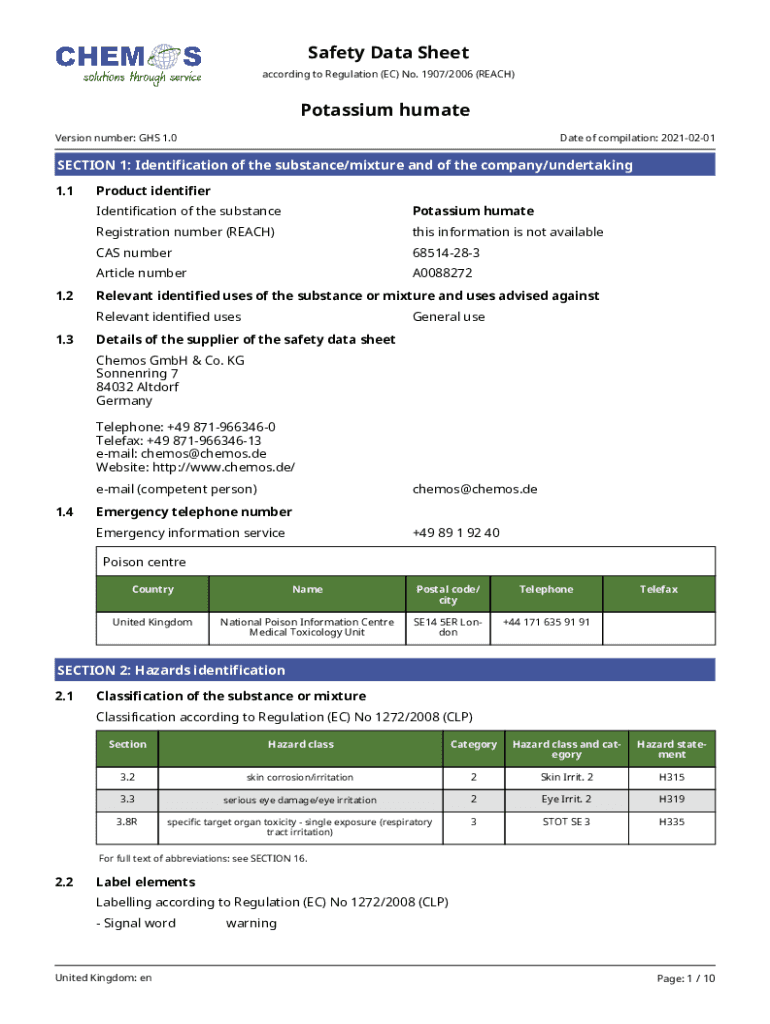 Fillable Online Safety Data Sheet: Potassium humate Fax Email Print ...