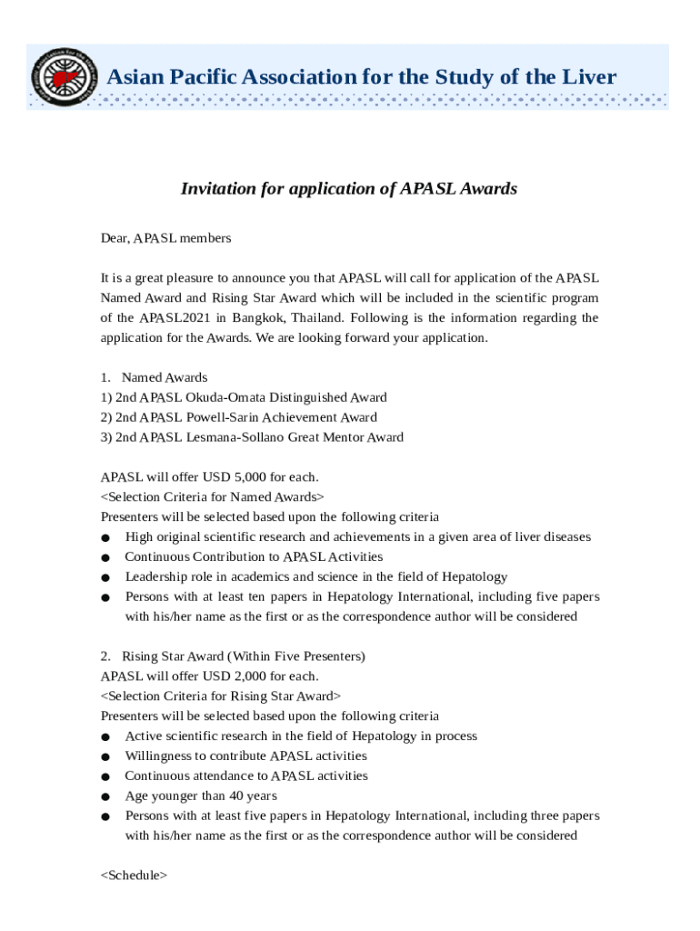 Invitation for application of 3rd APASL Awards Doc Template | pdfFiller