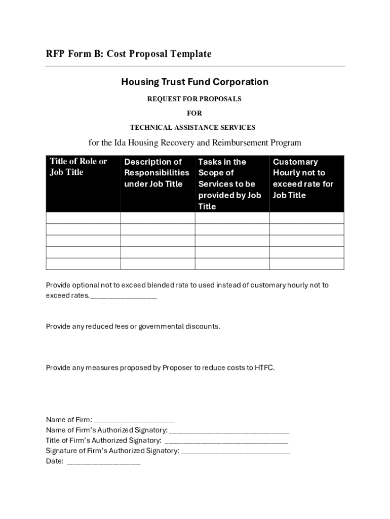 Fillable Online RFP Form B: Cost Proposal Template Housing Trust Fund ...