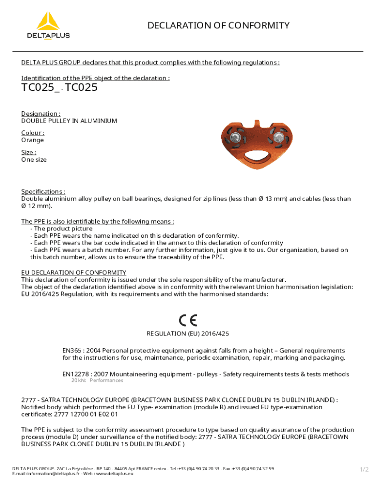 Fillable Online Delta Plus Aren Declaration of Conformity Fax Email ...