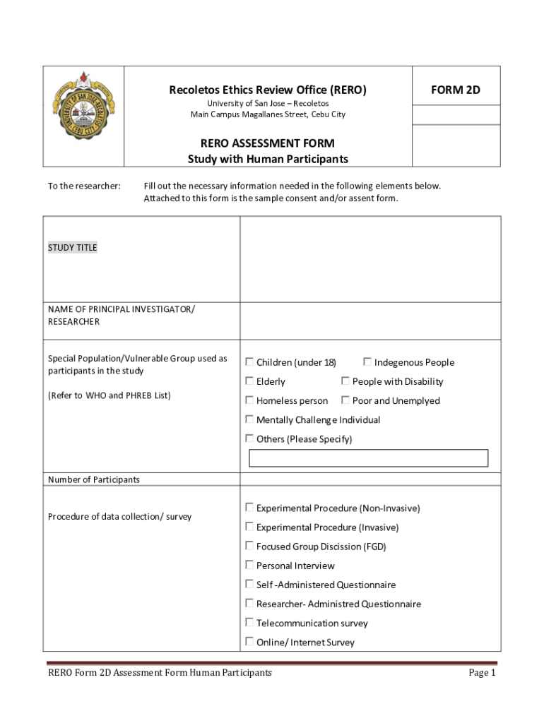 Fillable Online RERO Form 2D Assessment Form Human Participants Fax ...