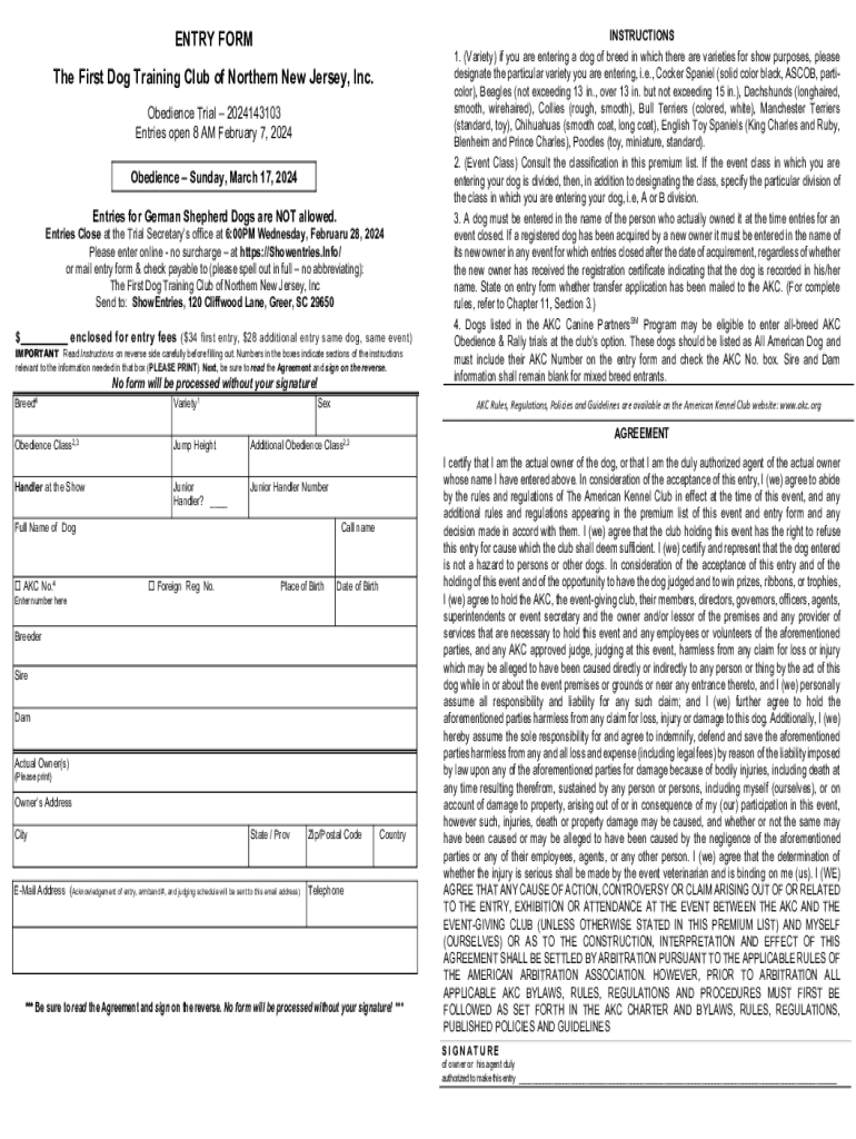 Fillable Online ENTRY FORM The First Dog Training Club of Northern ...