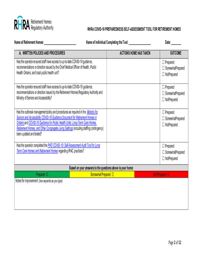 Fillable Online RHRA COVID-19 PREPAREDNESS SELF-ASSESSMENT TOOL FOR ...