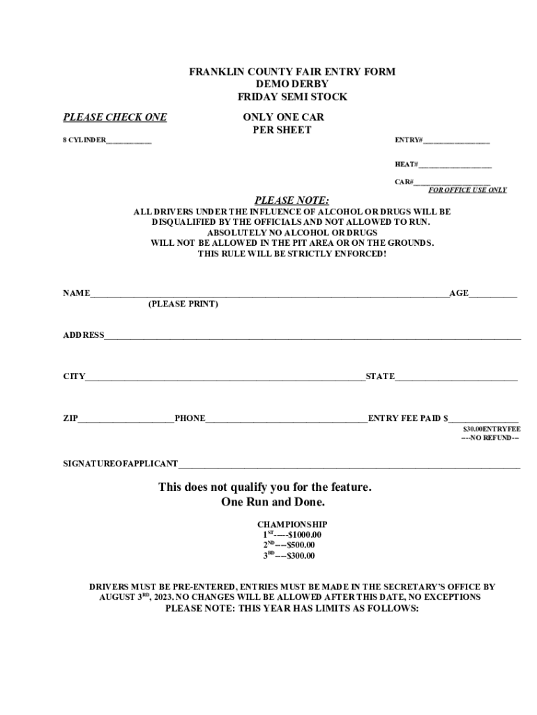 Fillable Online franklin county fair entry form demo derby monday bone ...