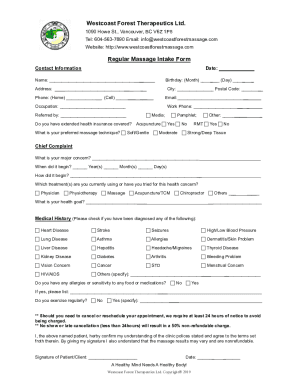 Fillable Online Regular Massage Intake Form.doc Fax Email Print - pdfFiller