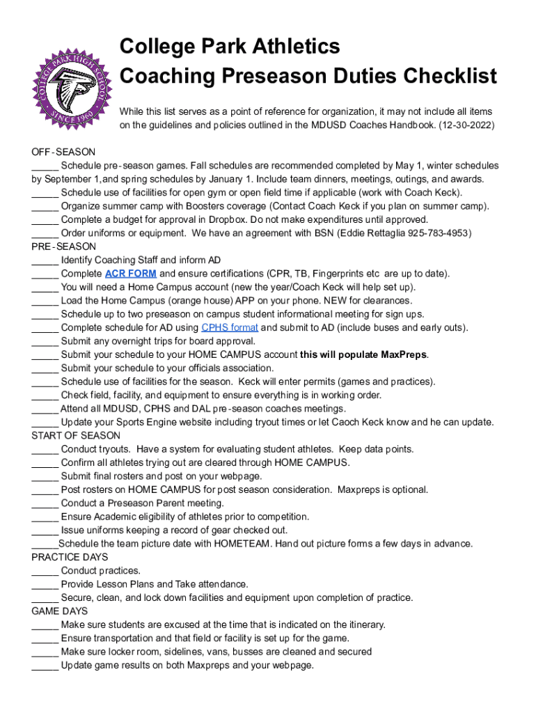 Fillable Online College Park Athletics Coaching Preseason Duties ...