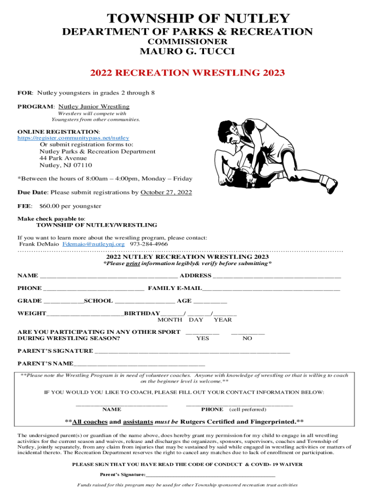 Fillable Online Recreation Wrestling Applications Are Now Being Accepted Fax Email Print - pdfFiller