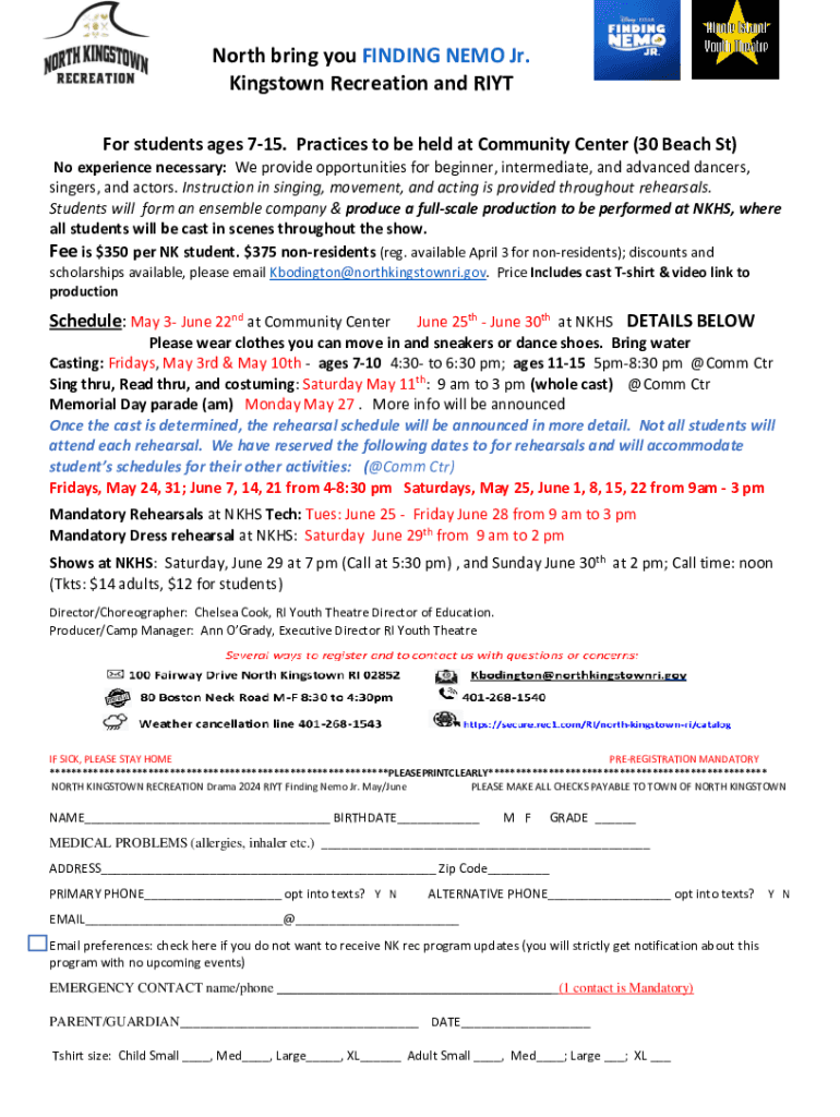 Fillable Online North bring you FINDING NEMO Jr. Kingstown Recreation and RIYT Fax Email Print ...
