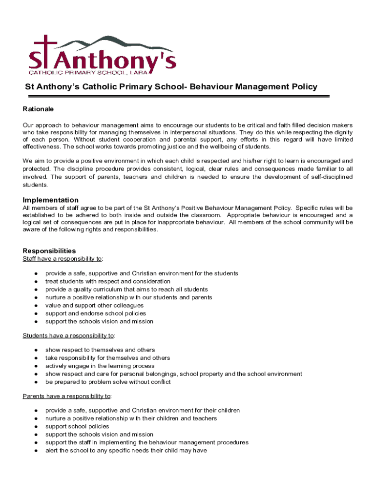 Fillable Online St. Anthony's Catholic Primary School Behaviour policy ...