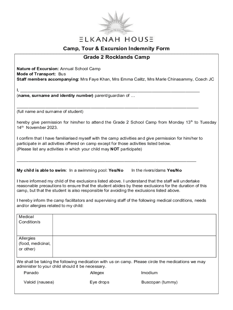 Fillable Online Camp, Tour & Excursion Indemnity Form Grade 2 Rocklands ...