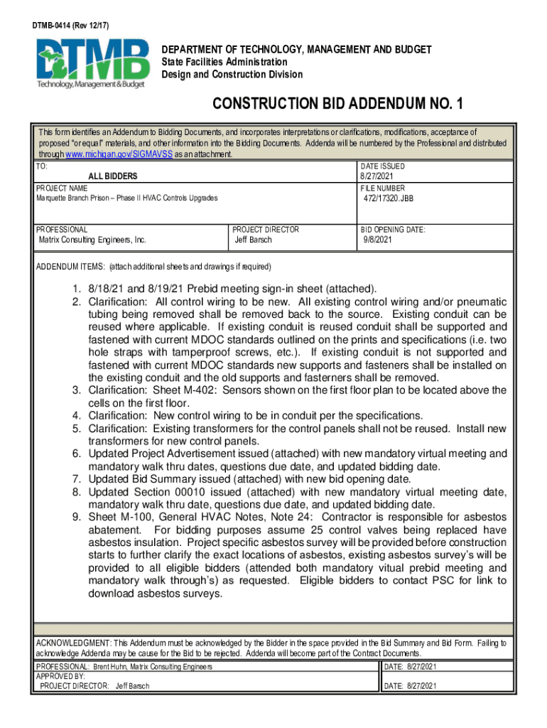 Fillable Online Construction Bid Addendum No 1 Fax Email Print Pdffiller
