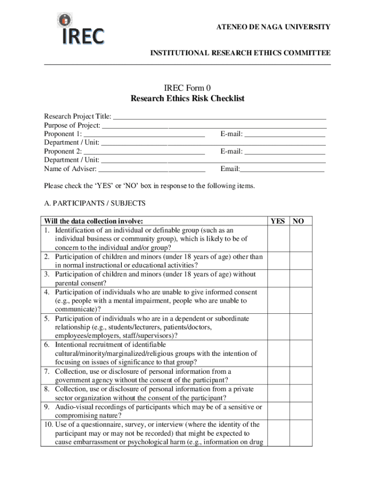 Fillable Online IREC Form 0: Research Ethics Risk Checklist ... Fax Email Print - pdfFiller