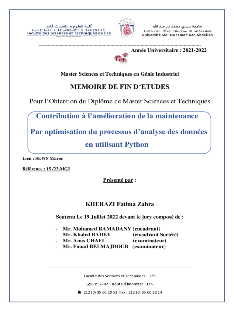 Remplissable En Ligne memoirepfe fst-usmba ac Gnie industriel - Facult des sciences et de gnie ...