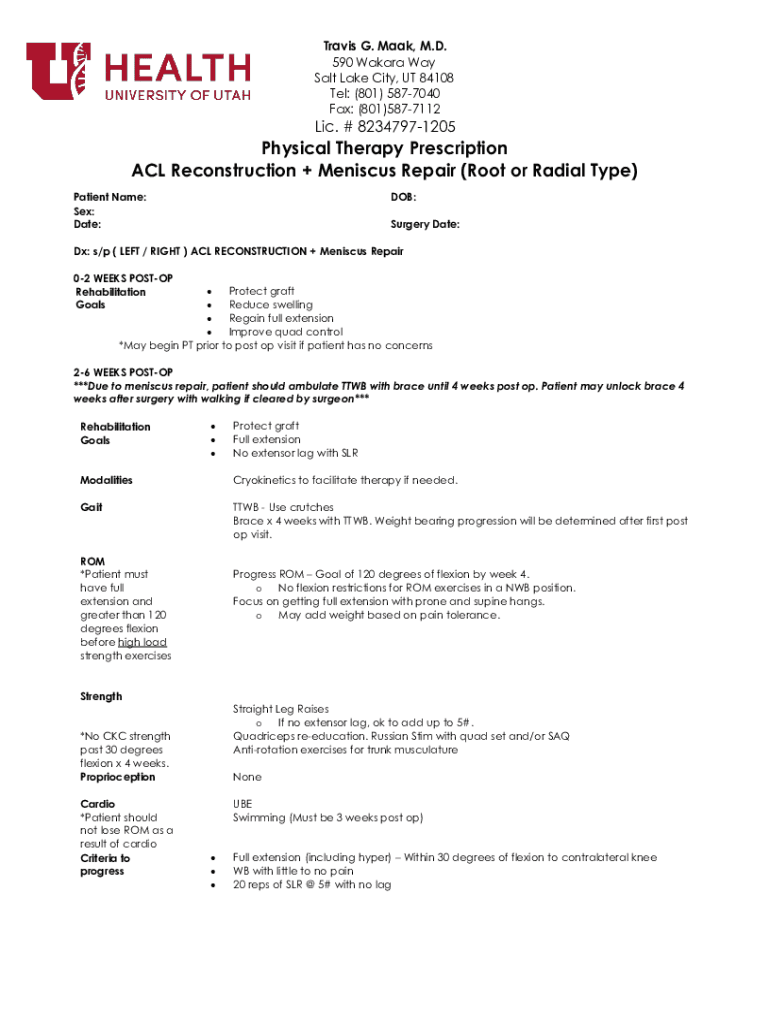 Fillable Online Physical Therapy Prescription ACL ReconstructionMeniscus Repair (Root or Radial ...