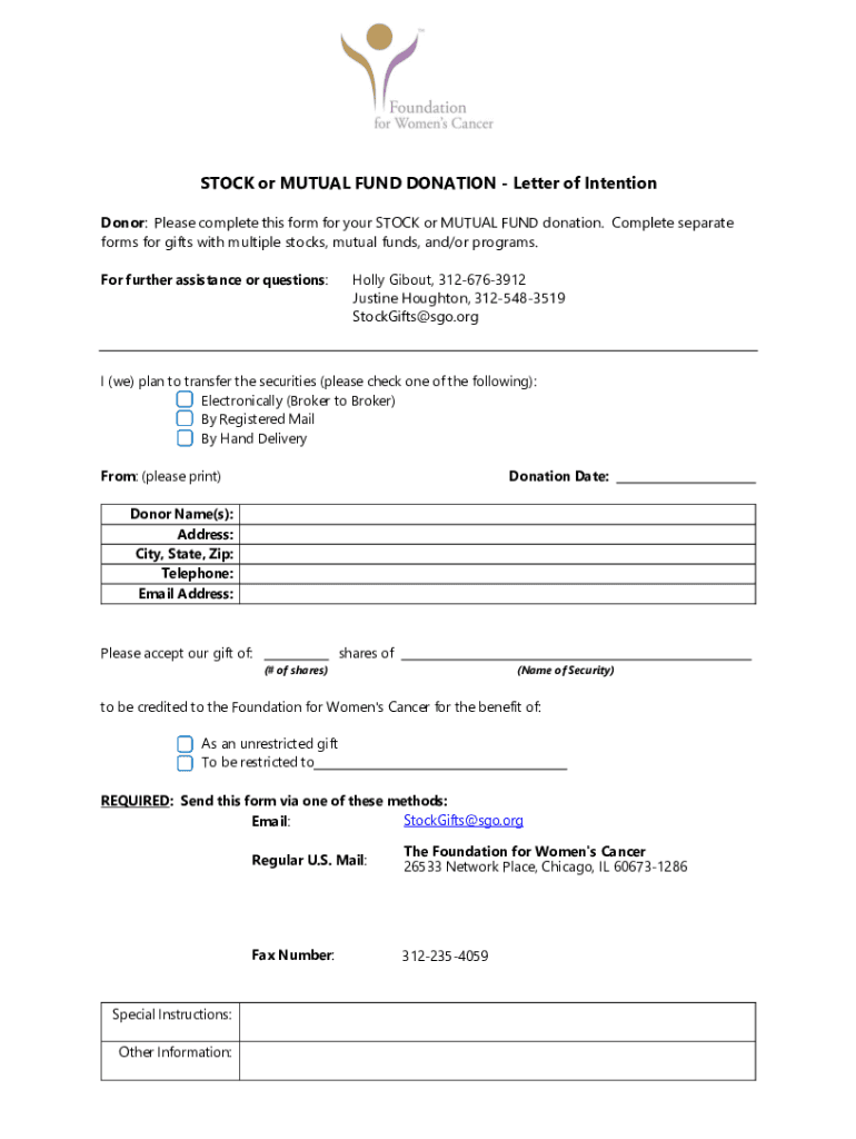 Fillable Online STOCK or MUTUAL FUND DONATION - Letter of Intention Fax ...