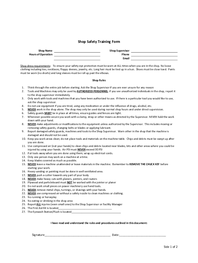 Fillable Online Shop Safety Training Form Fax Email Print - pdfFiller