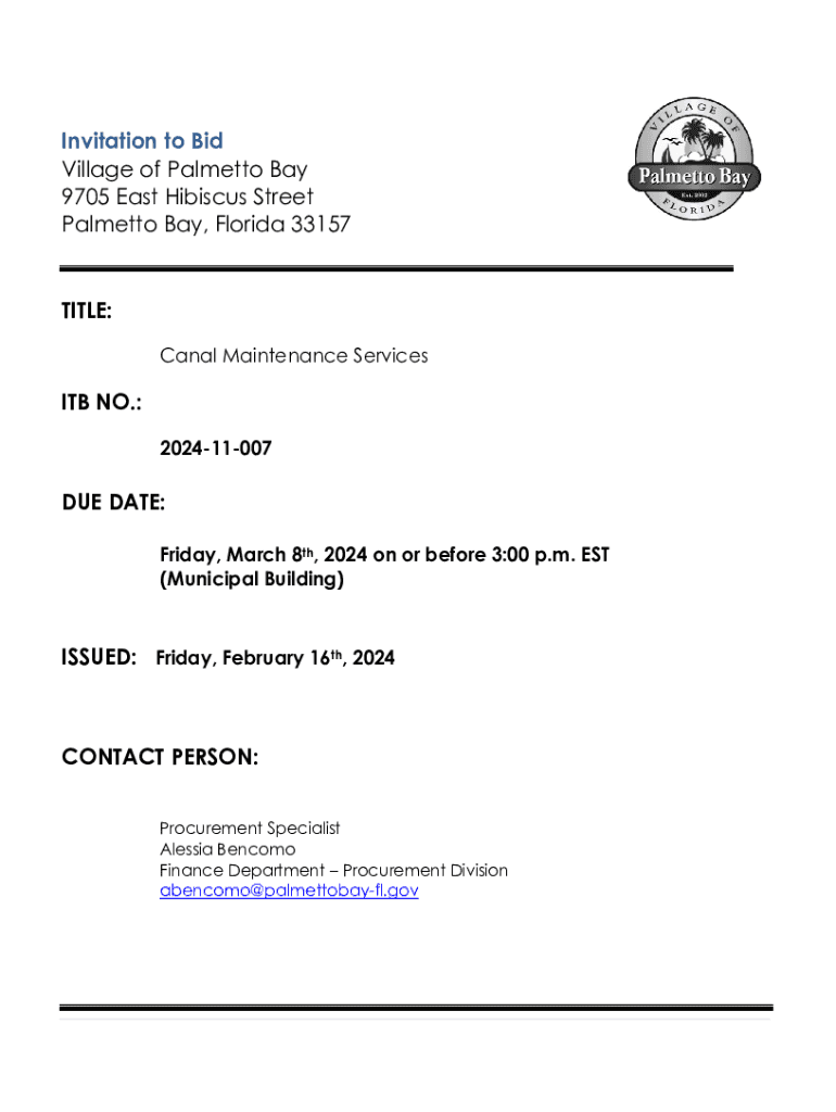 Fillable Online Village of Palmetto Bay, Florida Canal Maintenance ...