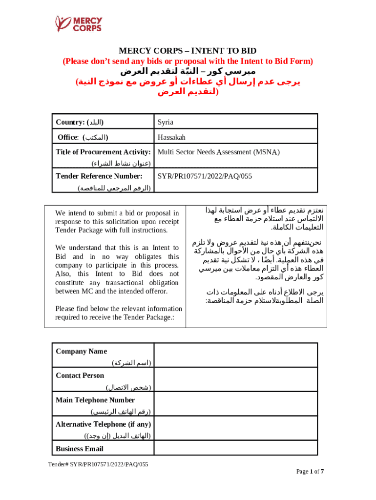 (Please don't send any bids or proposal with the Intent to Bid ) Doc Template | pdfFiller