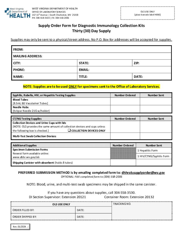 Fillable Online dhhr wv Supply Order Form for Diagnostic Immunology Collection Kits ... Fax ...