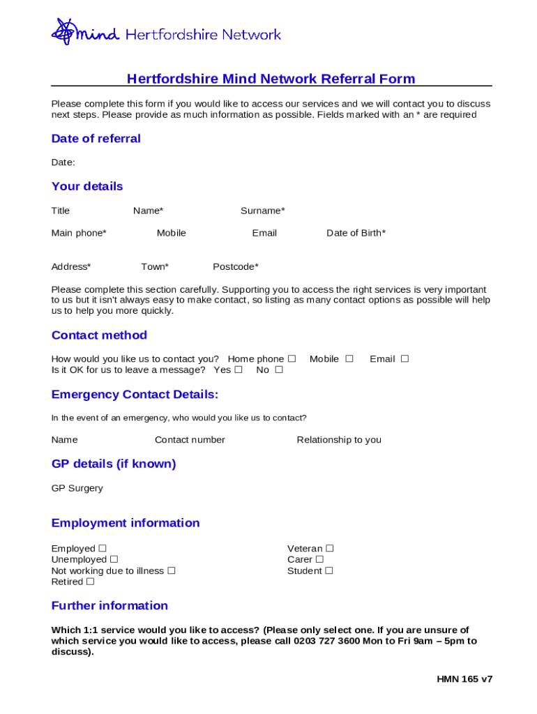 Hertfordshire Mind Network Referral Doc Template | pdfFiller