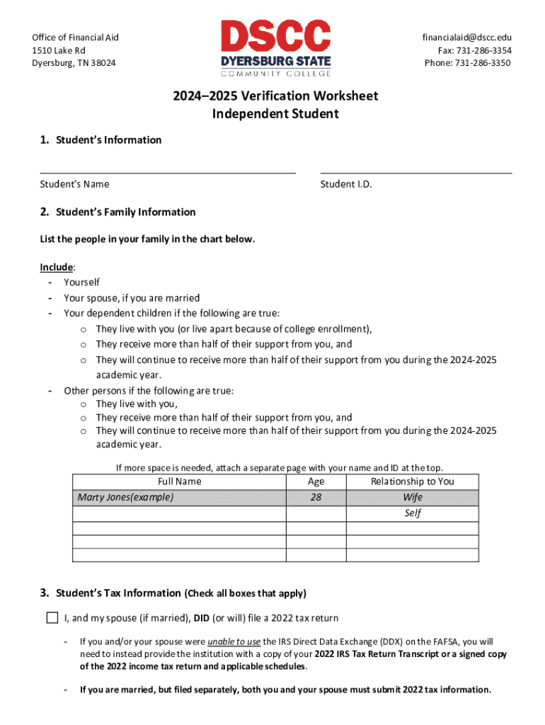 Fillable Online 20242025 Verification Worksheet Independent Student Fax Email Print - pdfFiller
