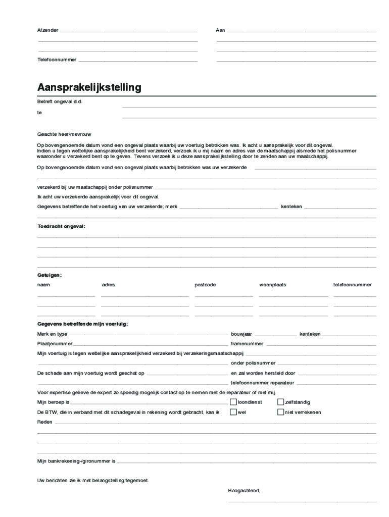 Invulbaar Online Gratis voorbeeldbrief aansprakelijk stellen voor letselschade Faxnummer Email ...