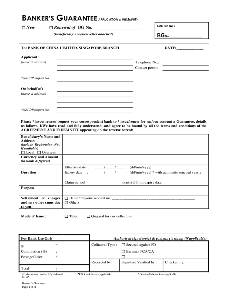 Fillable Online Bankers Guarantee (BG) Application Form - Singapore Fax ...