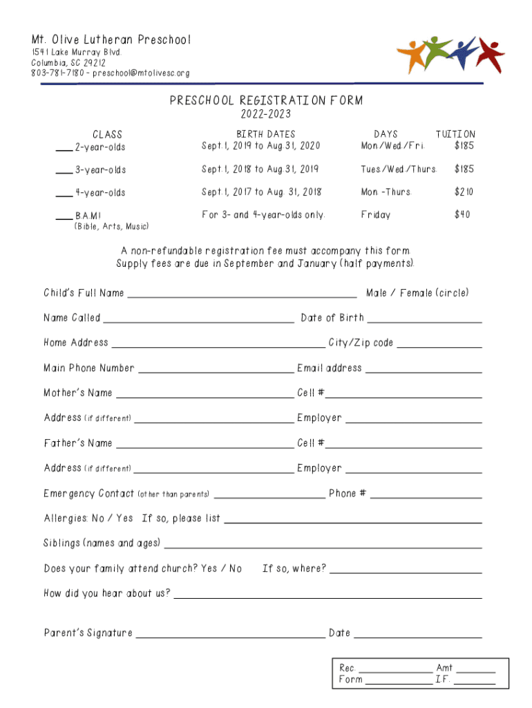 Fillable Online preschool registration form - Mount Olive Lutheran ...