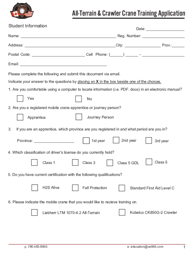 Fillable Online All-Terrain & Crawler Crane Training Application Fax Email Print - pdfFiller