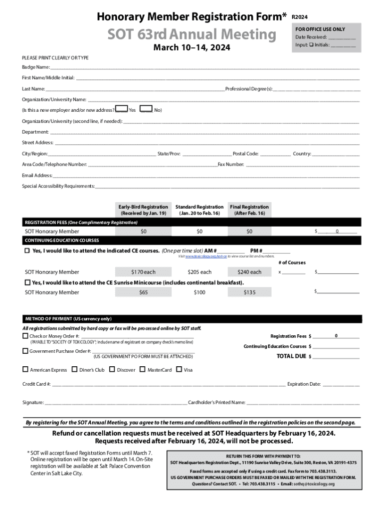 Fillable Online Honorary Member Registration Form for the SOT 63rd ...
