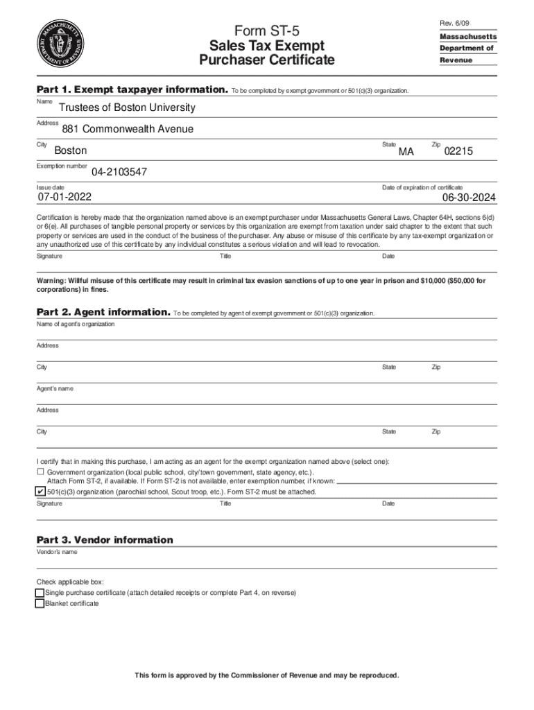Fillable Online Sales Tax Exempt Purchaser Certificate (Form ST-5) Fax ...