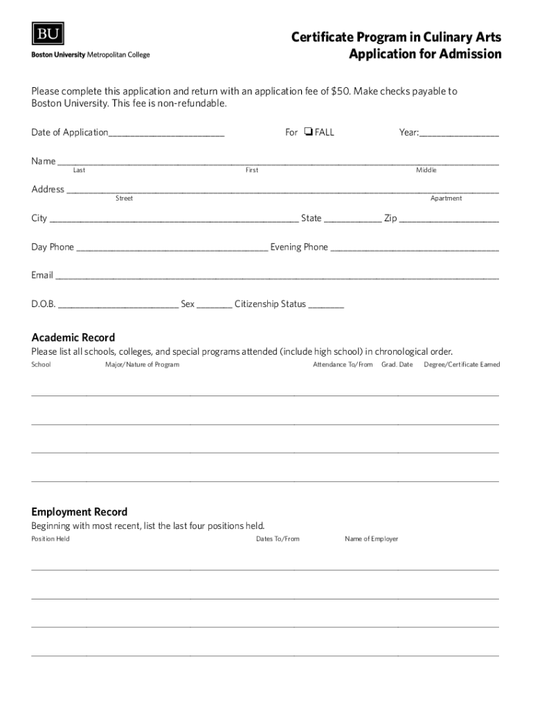 Fillable Online Fillable Online bu Certificate Program in Culinary Arts ...