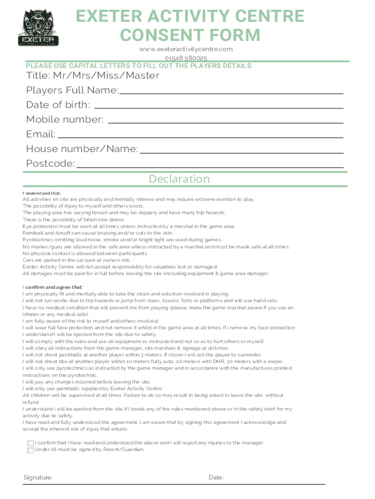 Fillable Online Exeter Activity Centre Consent Form Fax Email Print ...