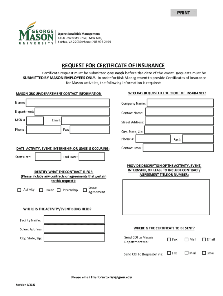 Fillable Online REQUEST FOR CERTIFICATE OF INSURANCE - Huddle Fax Email ...