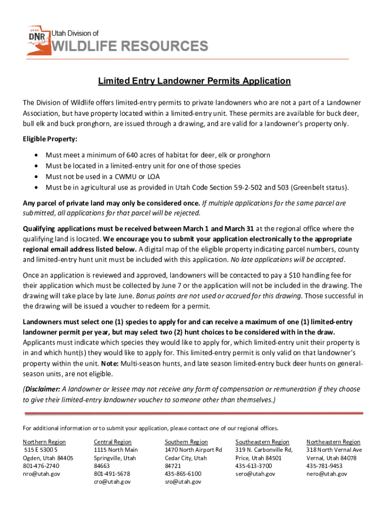 Fillable Online wildlife utah Limited Entry Landowner Permits ...