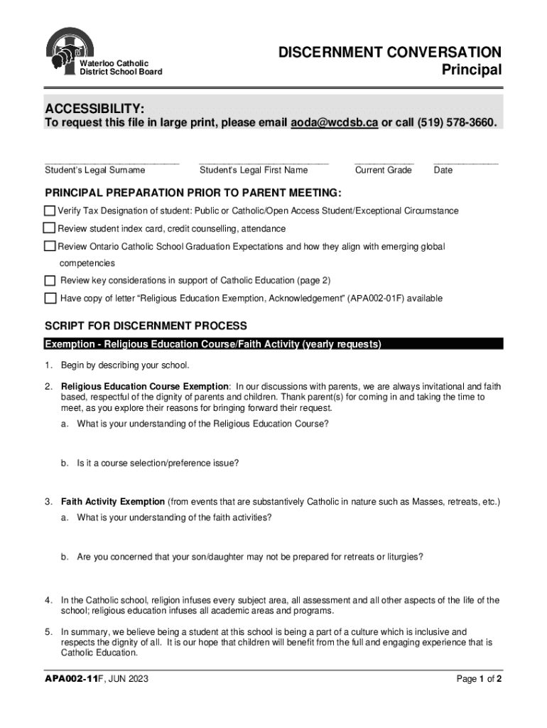 Fillable Online DISCERNMENT CONVERSATION Principal Fax Email Print ...