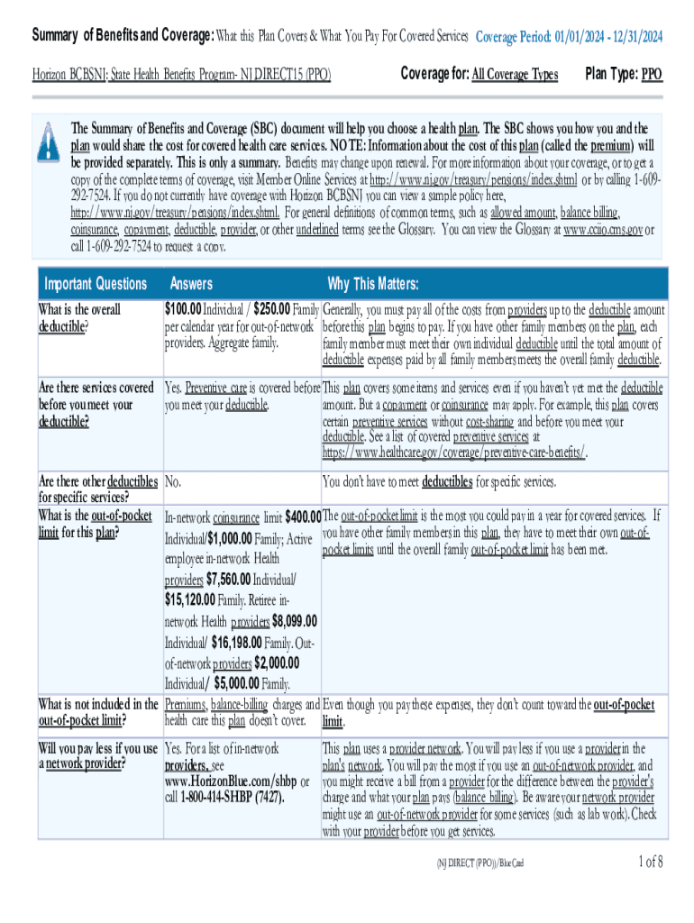 Fillable Online Horizon Bcbsnj Direct, Summary of Benefits and Coverage ...